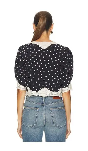 Rixo Ursula Polka Dot Chiffon Top With Lace Trim