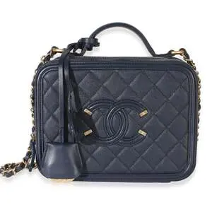 Chanel Navy Quilted Caviar Filigree Case - Blue