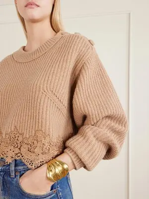 Chloé Lace-trimmed Wool And Cashmere-blend Cropped Sweater - Brown