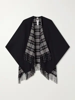 Burberry Reversible Fringed Checked Wool Cape - Black