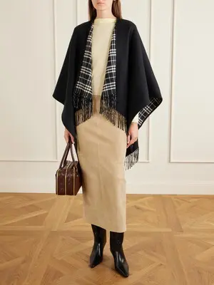Burberry Reversible Fringed Checked Wool Cape - Black