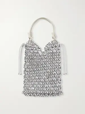 Staud Embellished Satin Shoulder Bag With Leather Trim - Silver