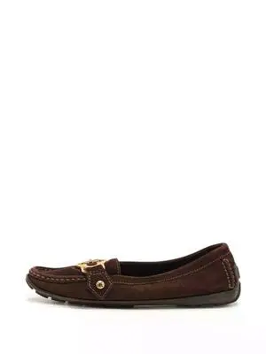 LOUIS VUITTON Monogram Plaque Suede Loafers - Brown
