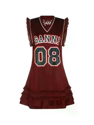 GANNI Burgundy Logo Print Mini Dress With Ruffled Trim