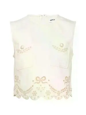 SELF-PORTRAIT Broderie-anglaise Scalloped-hem Top - Neutrals