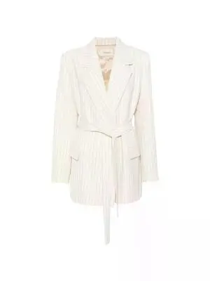 VICOLO Pinstripe Pattern Belted Blazer - Neutrals