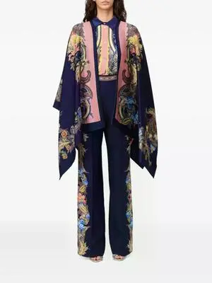 Etro Wool Cape With Placed Floral Paisley Print - Blue