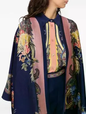 Etro Wool Cape With Placed Floral Paisley Print - Blue
