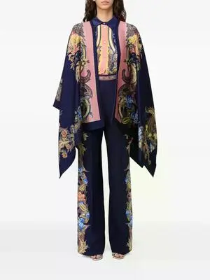 Etro Wool Cape With Placed Floral Paisley Print - Blue