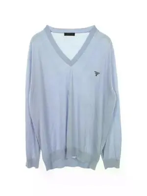 Prada Wool V-neck Logo Embroidered Sweater - Blue