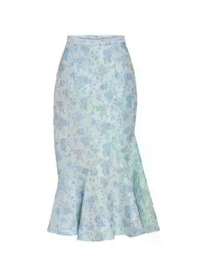 MARKARIAN Floral Brocade Asymmetric Flounce Midi Skirt - Blue