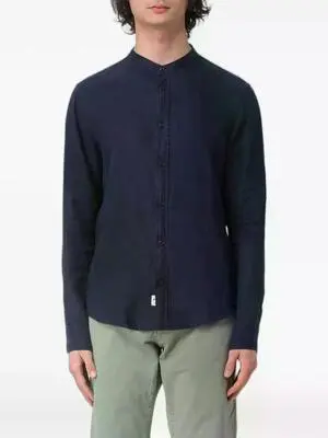 BLAUER. Linen Mandarin-collar Shirt - Blue
