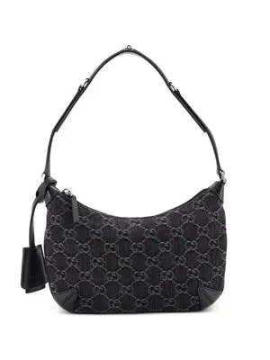 Gucci Horsebit Slim Gg Denim Shoulder Bag With Leather Accents - Black