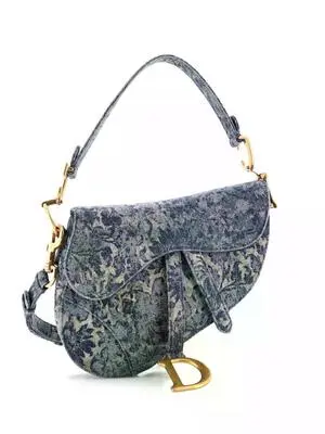 Dior Saddle Handbag In Printed Denim - Blue