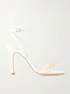 Manolo Blahnik Raosnu 105 Crochet-trimmed Leather Stiletto Sandals - White