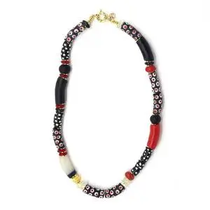 SHAR OKE Recycled Glass Beaded Necklace With Gold Plated Accents And Heart Charm - Red/white/gold