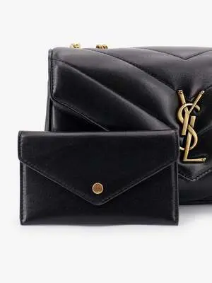 Saint Laurent Loulou Leather Shoulder Bag With Metal Cassandre Logo - Black