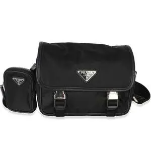Prada Tessuto Saffiano Double Buckle Messenger Bag - Black