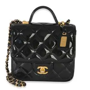 Chanel Quilted Patent Top Handle Flap Bag - Black