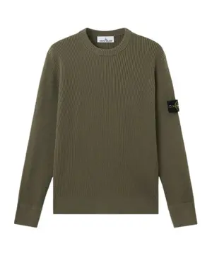Stone Island Logo Patch Ribbed Crewneck Sweatshirt - Army Green