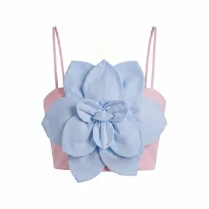 Yumi Kim Sahara Pink Linen Top With 3d Petal Embellishments - Blue