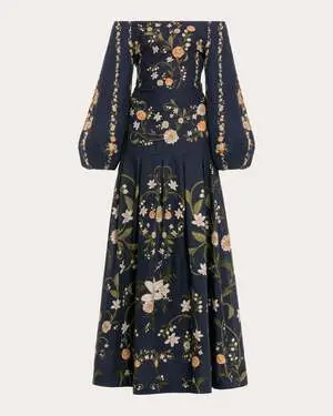 Agua Bendita Senlis Printed Linen Off-shoulder Maxi Dress - Black