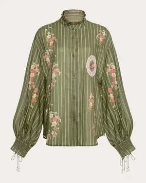 Agua Bendita Abadia Linen Shirt With Floral Embroidery - Green