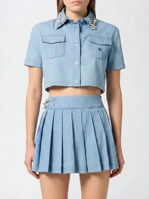 Philipp Plein Cropped Short-sleeved Cotton Shirt With Rhinestones - Turquoise