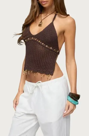 EDIKTED Jenn Beaded Open Stitch Halter Top