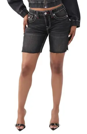 True Religion Miya Mid Rise Bermuda Big T Flap Shorts - Thunder Bloom