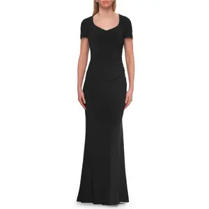 La Femme Short Sleeve Sweetheart Neckline Ruched Jersey Gown - Black