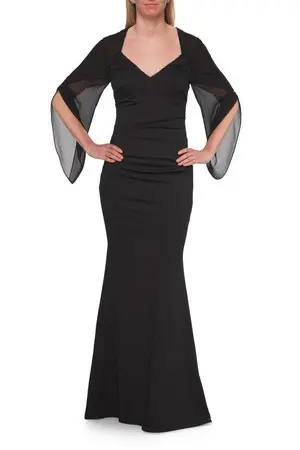 La Femme V-neck Gown With Sheer Flutter Sleeves