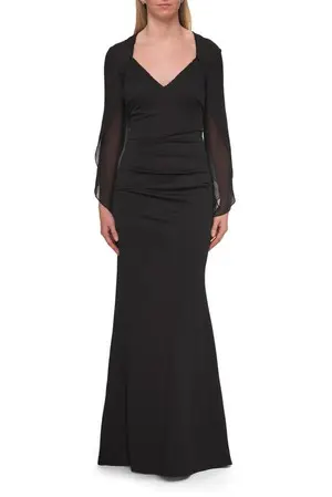 La Femme V-neck Gown With Sheer Flutter Sleeves