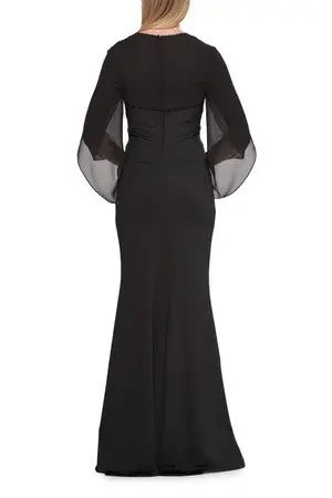 La Femme V-neck Gown With Sheer Flutter Sleeves