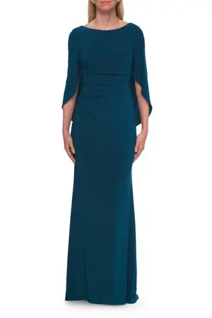 La Femme Draped Cape Sleeve Gown - Teal