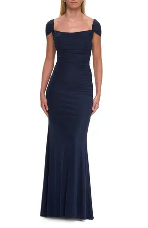 La Femme Ruched Cap Sleeve Gown