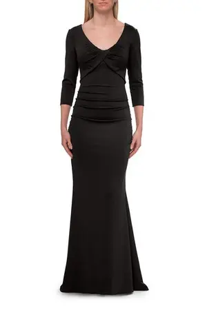 La Femme Three-quarter Sleeve V-neck Jersey Gown - Black