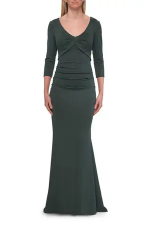 La Femme Three-quarter Sleeve V-neck Jersey Gown - Dark Emerald
