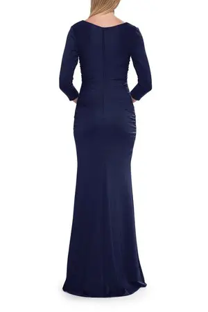 La Femme Three-quarter Sleeve V-neck Jersey Gown - Navy