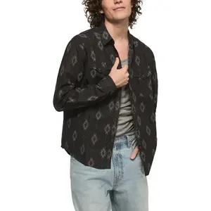 Lucky Brand Geo Pattern Slub Cotton Snap-up Western Shirt - Black Multi