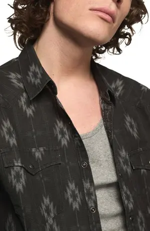 Lucky Brand Geo Pattern Slub Cotton Snap-up Western Shirt - Black Multi