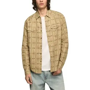 Lucky Brand Geo Pattern Slub Cotton Snap-up Western Shirt Khaki Multi