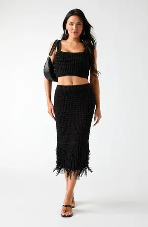 Guess Remi Open Stitch Fringe Midi Skirt - Black