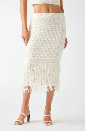 Guess Remi Open Stitch Fringe Midi Skirt - White
