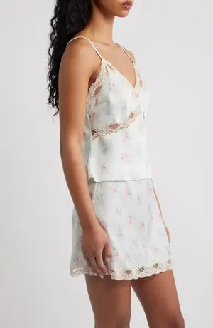 LoveShackFancy Lamora Lace Trimmed Floral Print Satin Camisole - Eucalyptus
