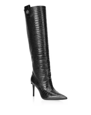 Philipp Plein High Heel Croc Effect Boots - Black