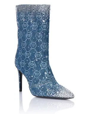 Philipp Plein Monogram Denim Ankle Boots With Rhinestone Embellishments - Lightblue