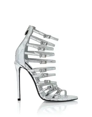 Philipp Plein Mirror Leather Sandals High Plein Heels Skull