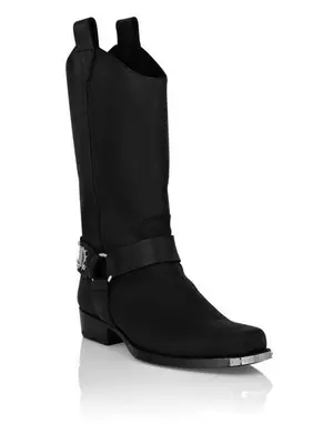 Philipp Plein Gothic Lettering Leather Harness Boots - Black