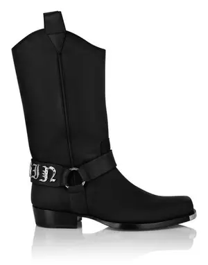 Philipp Plein Gothic Lettering Leather Harness Boots
